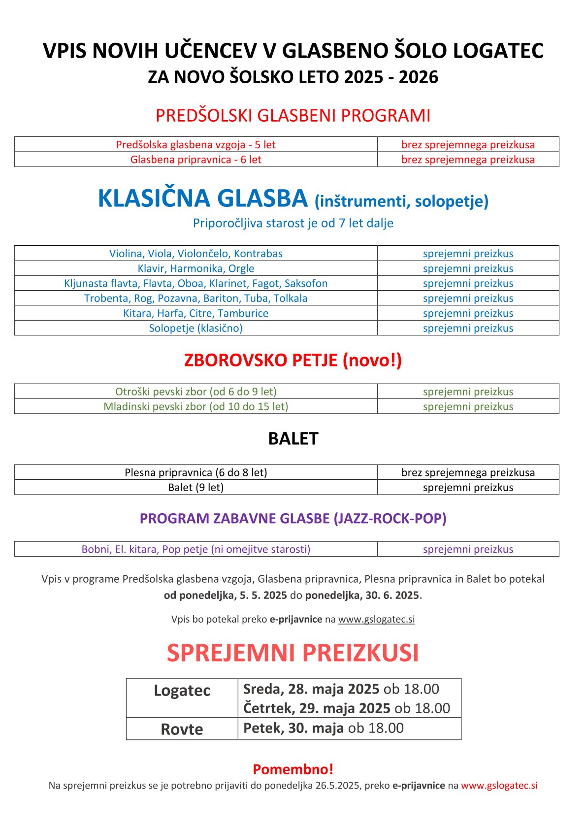 Vpis v glasbeno šolo - š.l. 2025-2026 | Glasbena šola Logatec